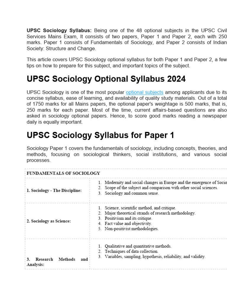 UPSC Sociology Syllabus | PDF | Sociology | Social Stratification