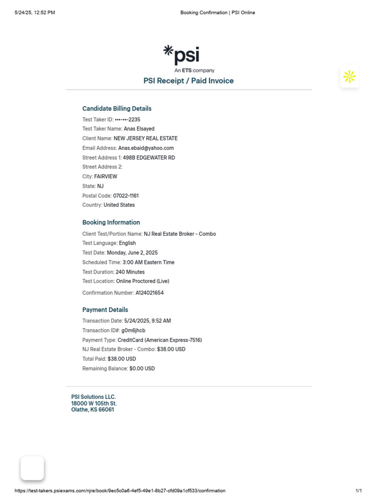 Booking Confirmation - PSI Online Broker | PDF