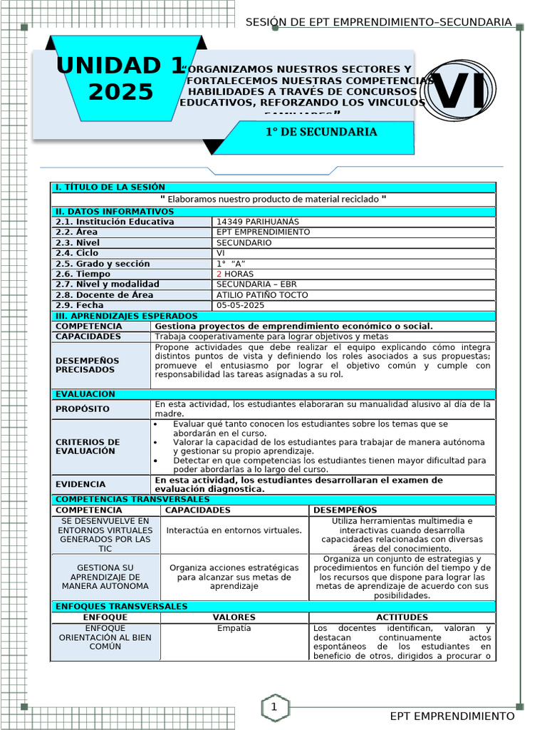 1º 2º Sesion 2 Uni 1- Ept Emprendimiento 2025 | PDF | Aprendizaje | Maestros
