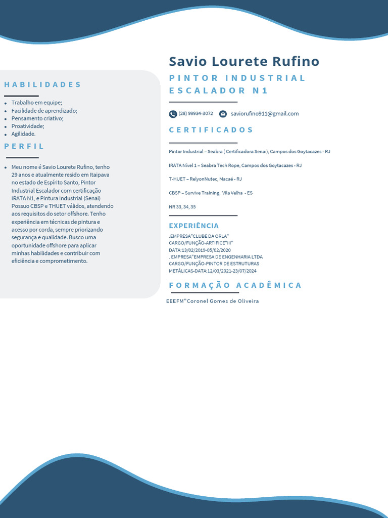 Currículo Savio Pintor Escalador N1 | PDF