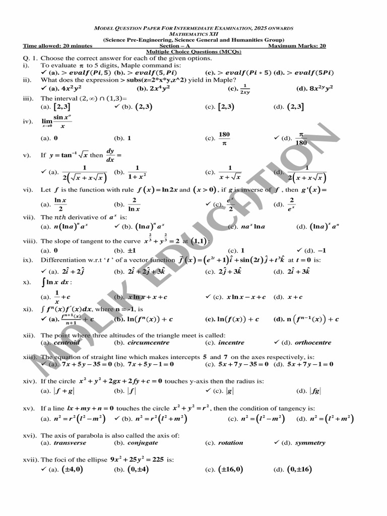 Xii Math Solved Model Paper 2025 - Malik | PDF