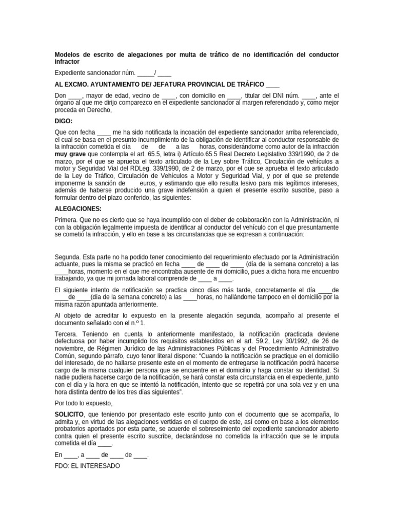 Modelos de Escrito de Alegaciones Por Multa de Tráfico de No Identificación Del Conductor ...