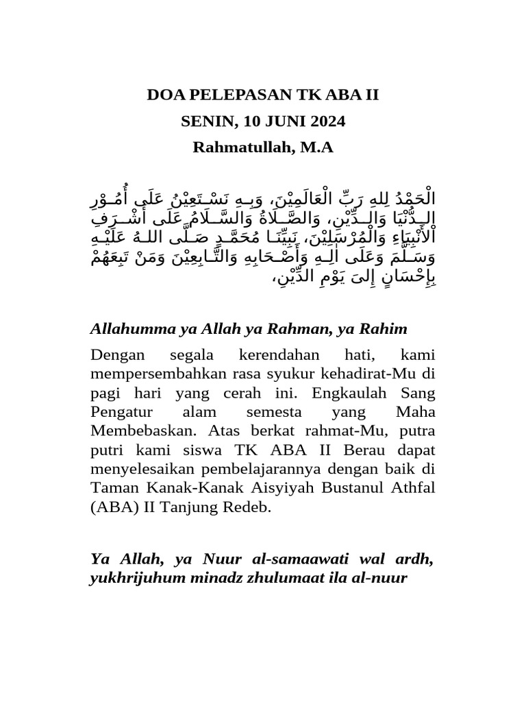 Doa Pelepasan Siswa TK ABA II | PDF