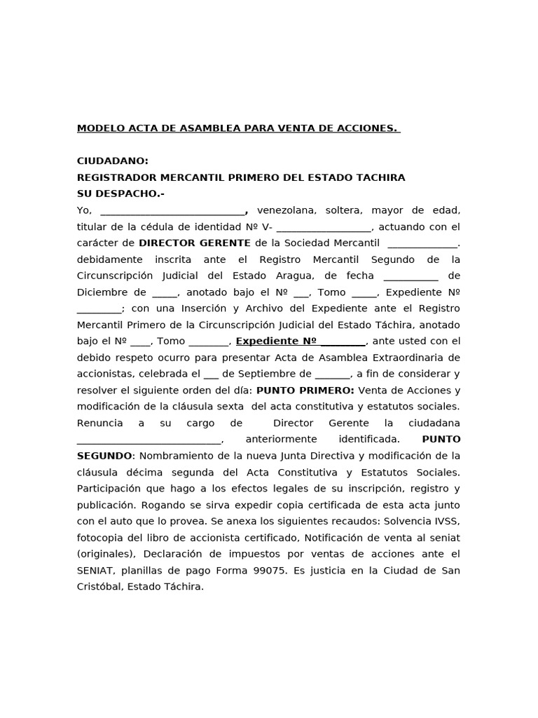 Modelo de Acta de Asamblea para Venta de Acciones | PDF | Compartir ...