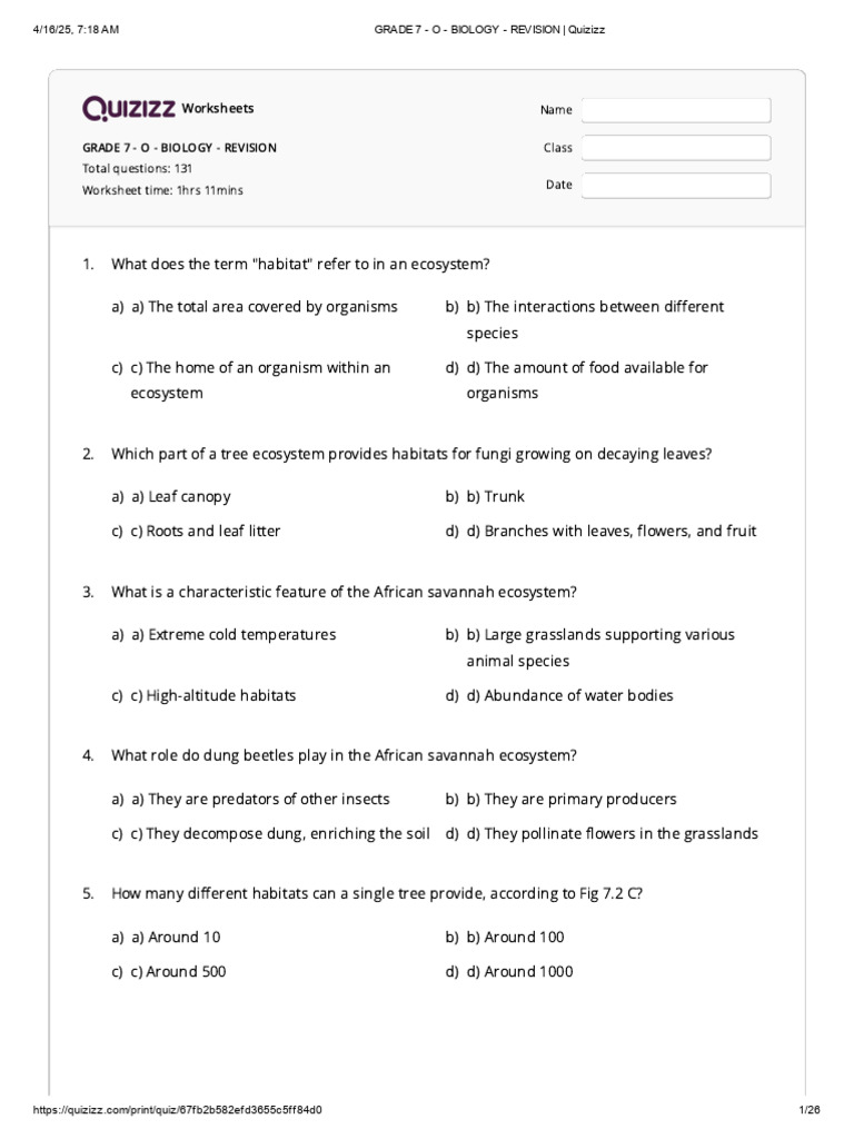 Grade 7 - o - Biology - Revision | PDF | Ecosystem | Habitat