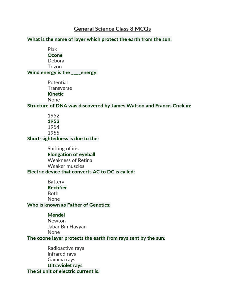 General Science Class 8 MCQs | PDF | Atmosphere Of Earth | Eye