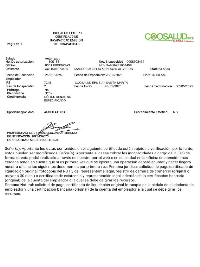 Coosalud Eps 2025-02-26 Marcos Aurelio Mendoza Oliveros | PDF