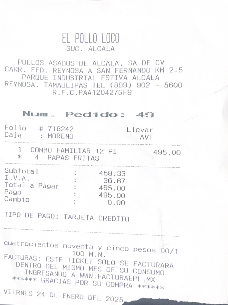 Receipt - El Pollo Loco Suc. Alcalá - 24 Ene 2025 | PDF