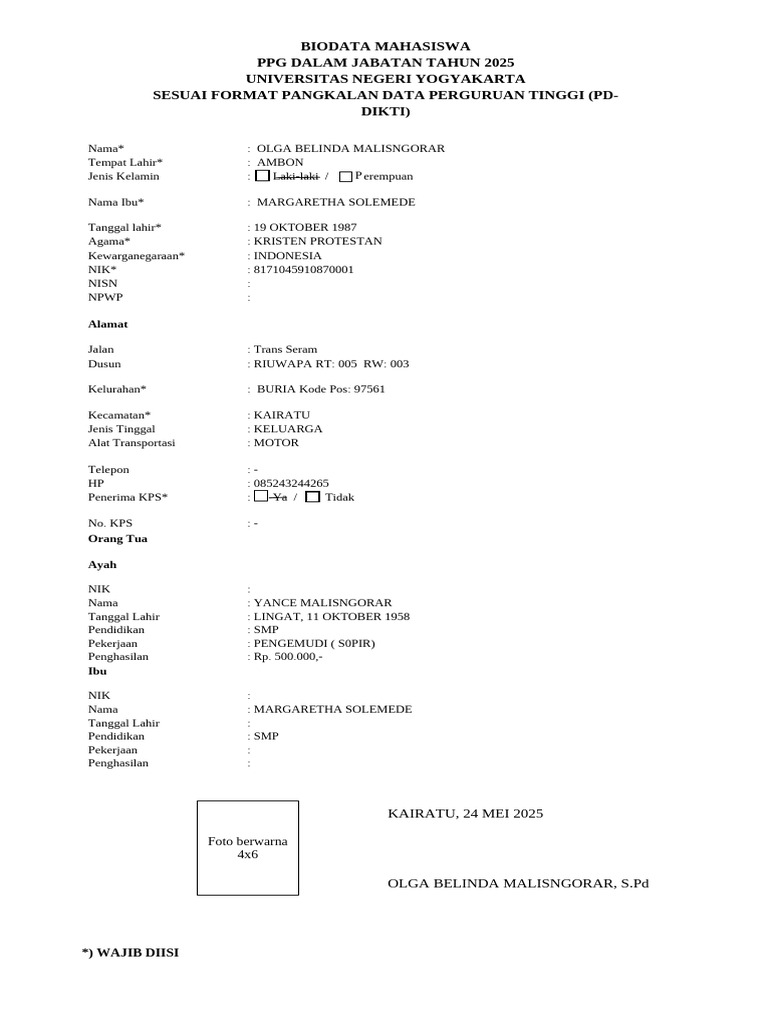 Biodata PPG 2025 Uny | PDF