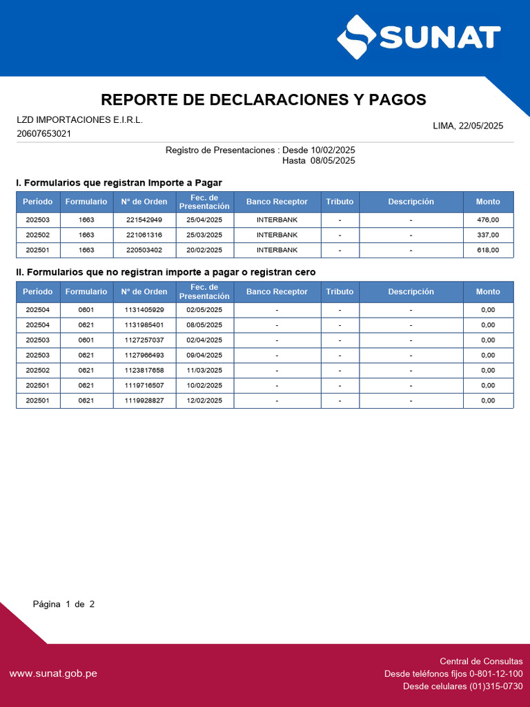 Reporte de Declaraciones y Pagos SUNAT | PDF | Telecomunicaciones ...
