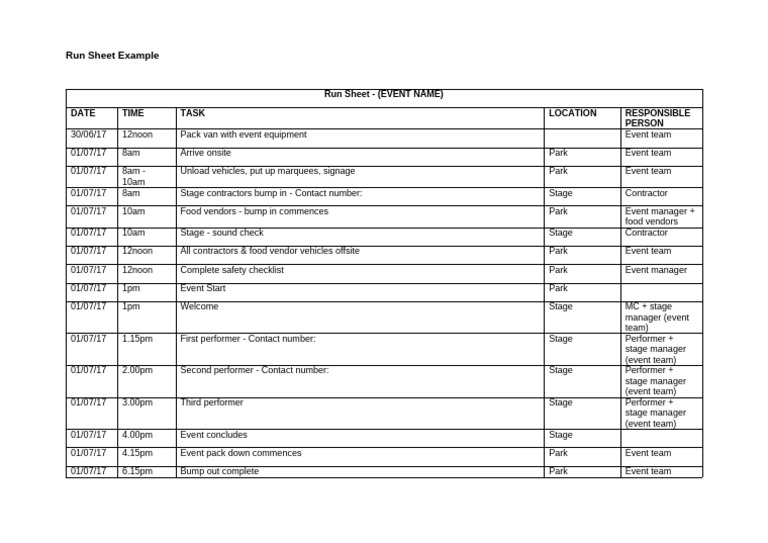 Event Planning Guide Run Sheet Example | PDF