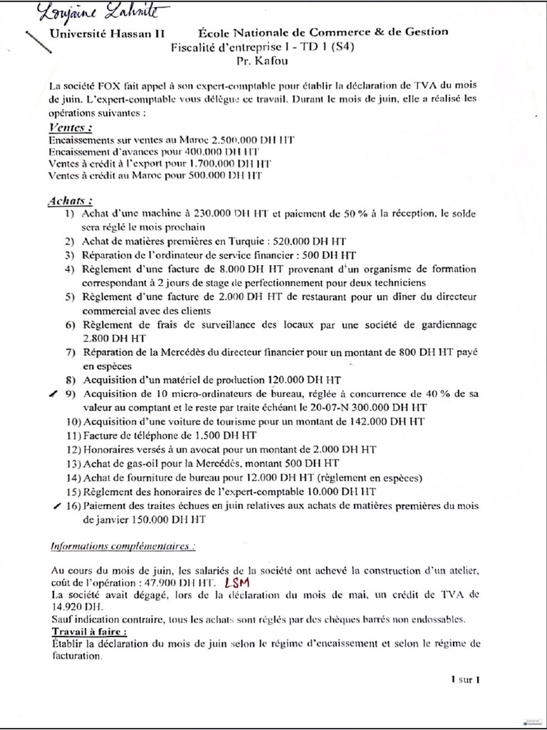 Correction Td1-7 Fisca Kafou | PDF