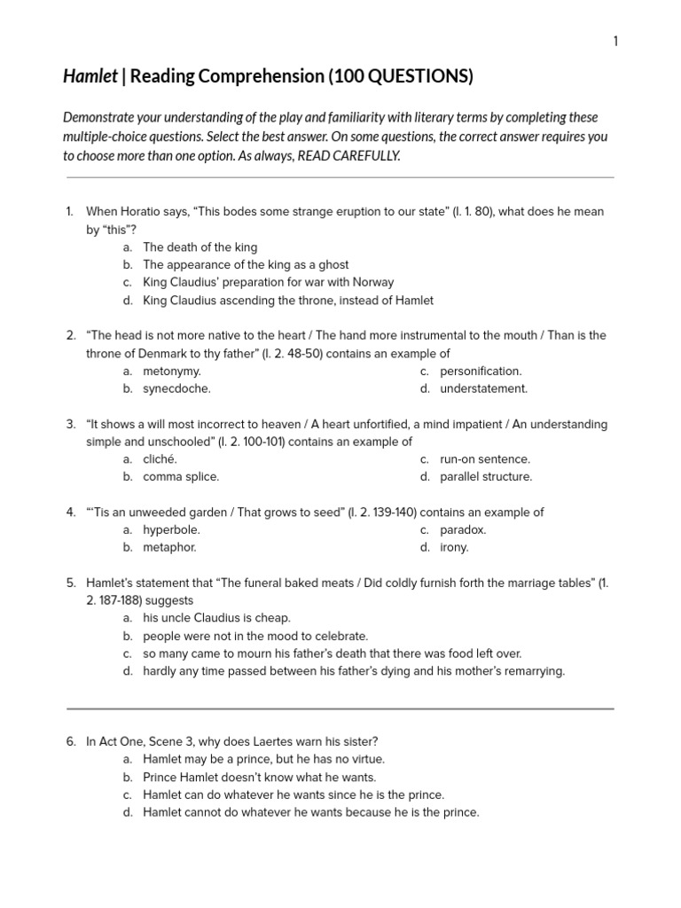 Hamlet - Reading Comprehension (100 QUESTIONS) | PDF | Hamlet