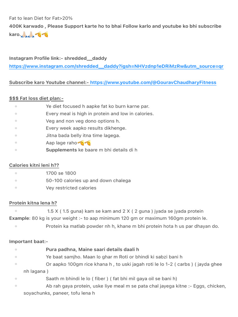 Fat To Lean Diet For Fat 20% | PDF | Cooking | Cuisine
