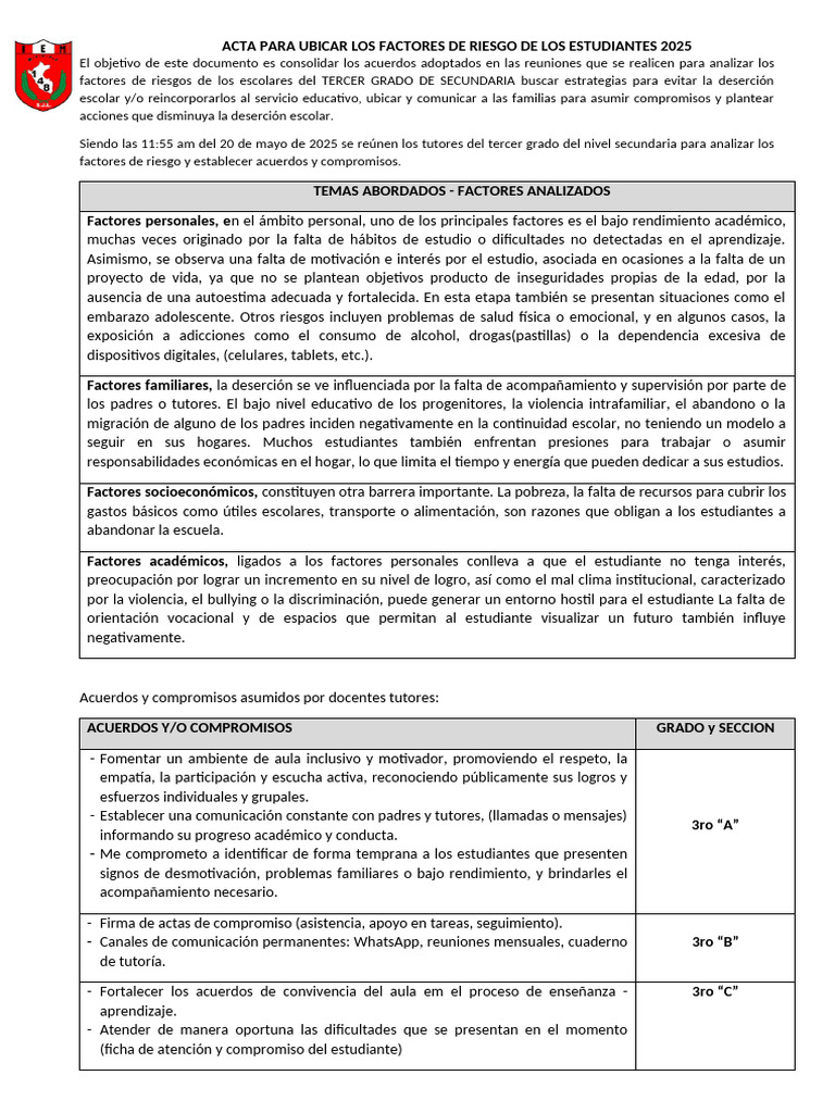 Acta Factores de Riesgo-Tutores 3ro Sec | PDF | Salón de clases | Enseñando