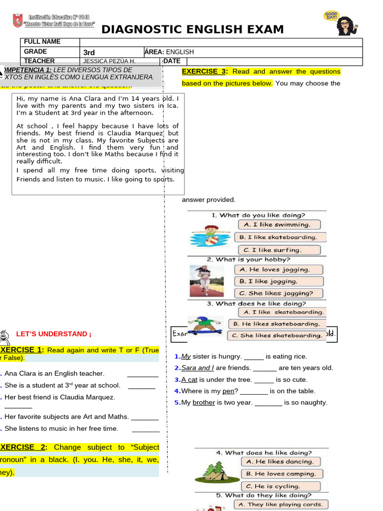 3ro 1evaluacion Diagnostica Ingles Missjessica 2025 | PDF | Human Communication