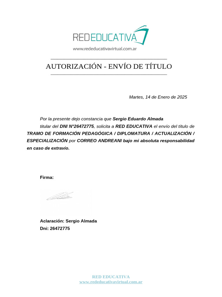 Nota Autorización - Correo Andreani | PDF