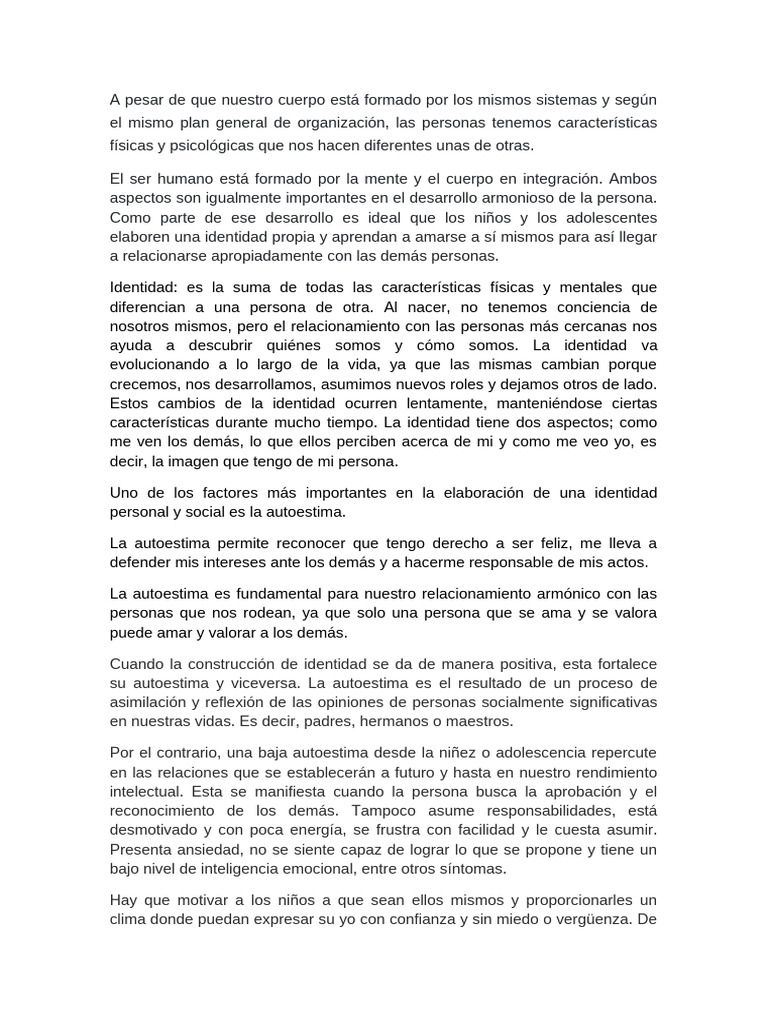Identidad y autoestima en adolescentes | PDF | Autoestima | Aprendizaje