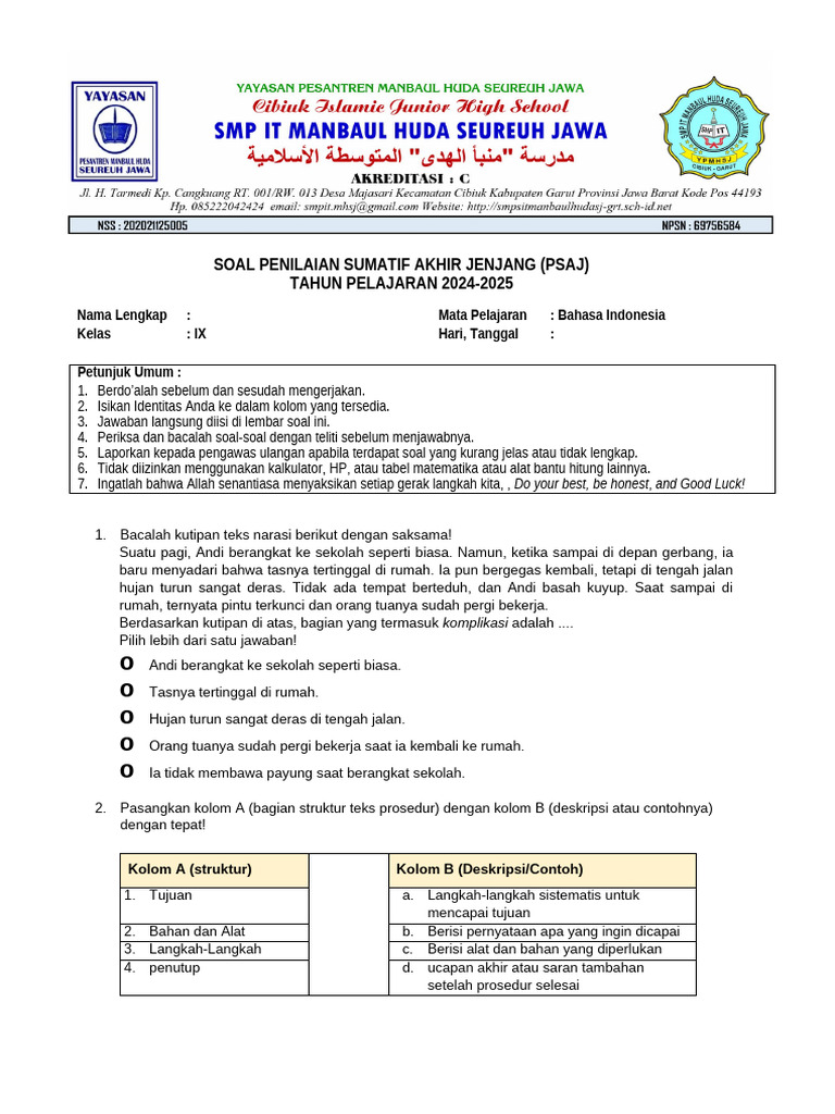 Soal B. Indonesia Kelas 9 Psaj 2025 | PDF