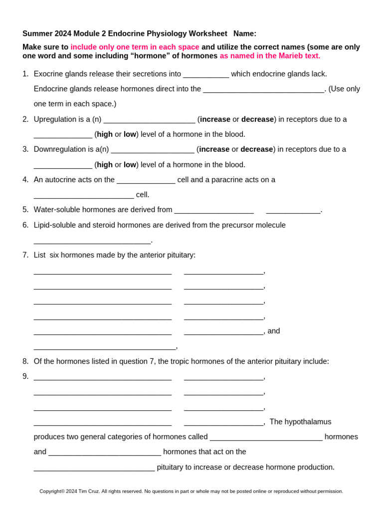 Module 2 Endocrine Physiology Worksheet Quiz Questions | PDF ...