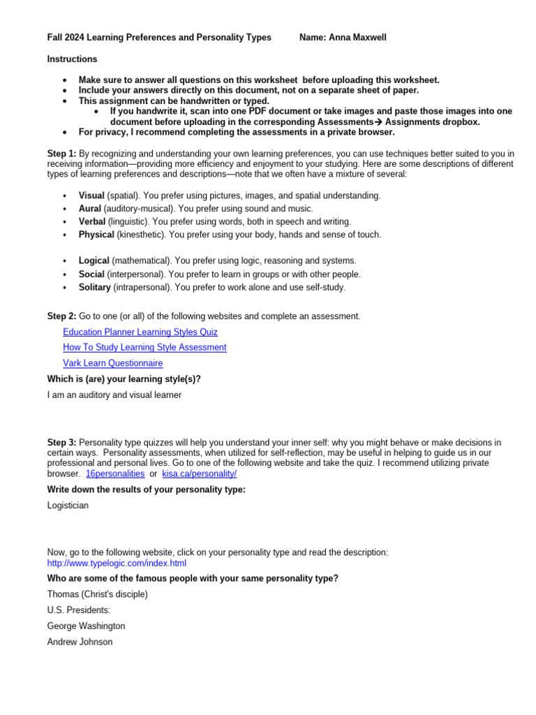 Module 1 Learning Preferences and Semester Goals Worksheet | PDF ...