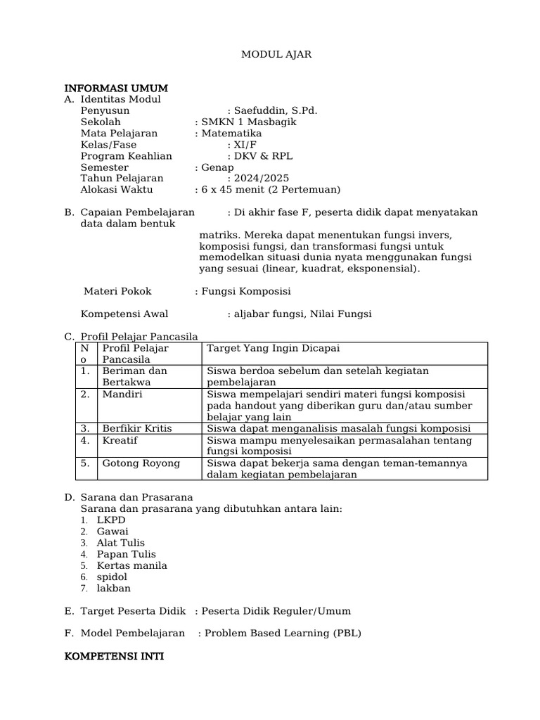 Modul Ajar Fungsi Komposisi | PDF