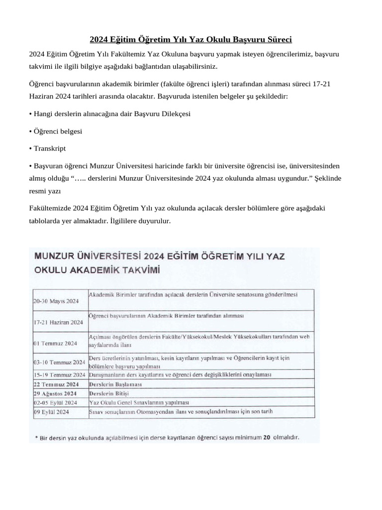 YAZ OKULU DUYURUSU VE DERSLER | PDF