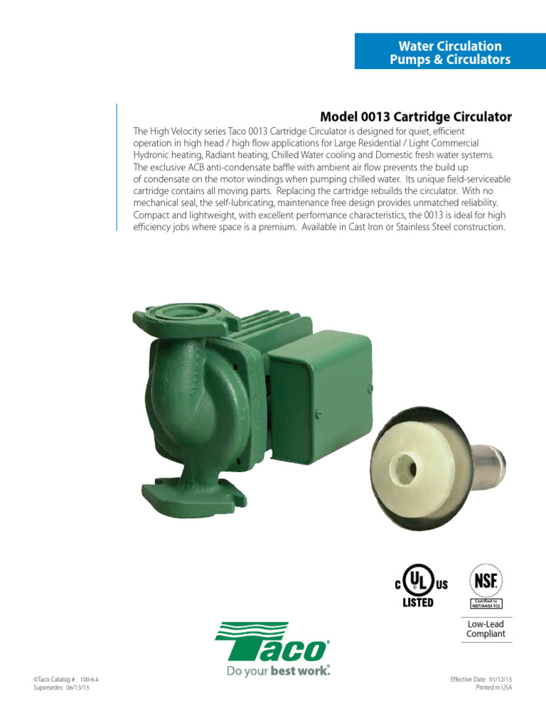 Taco 0013 Cartridge Circulator Brochure | PDF | Engineering Thermodynamics | Heat Transfer