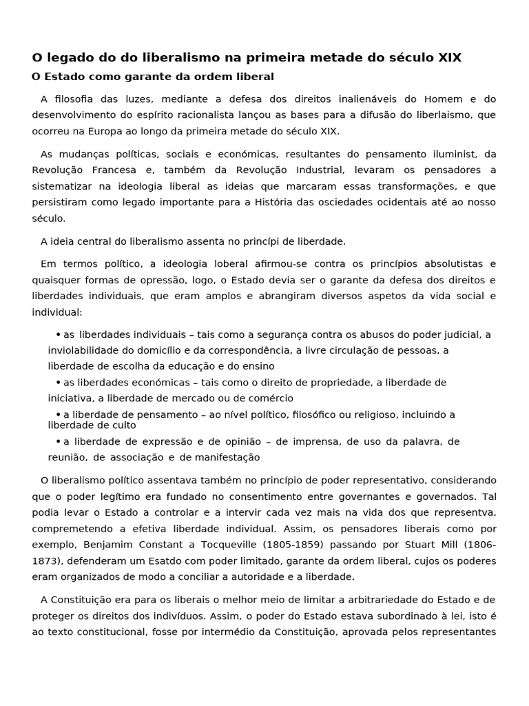 O Legado Do Do Liberalismo Na Primeira Metade Do Seculo XIX | PDF ...