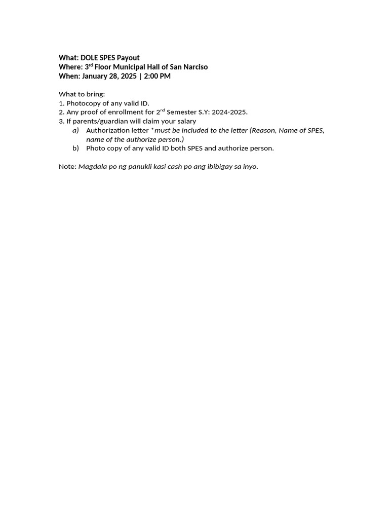 DOLE SPES Payout Details for January 2025 | PDF