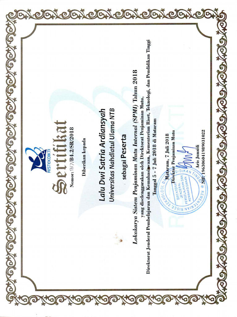 Sertifikat Lokakarya SPMI 2018 Ristekdikti | PDF
