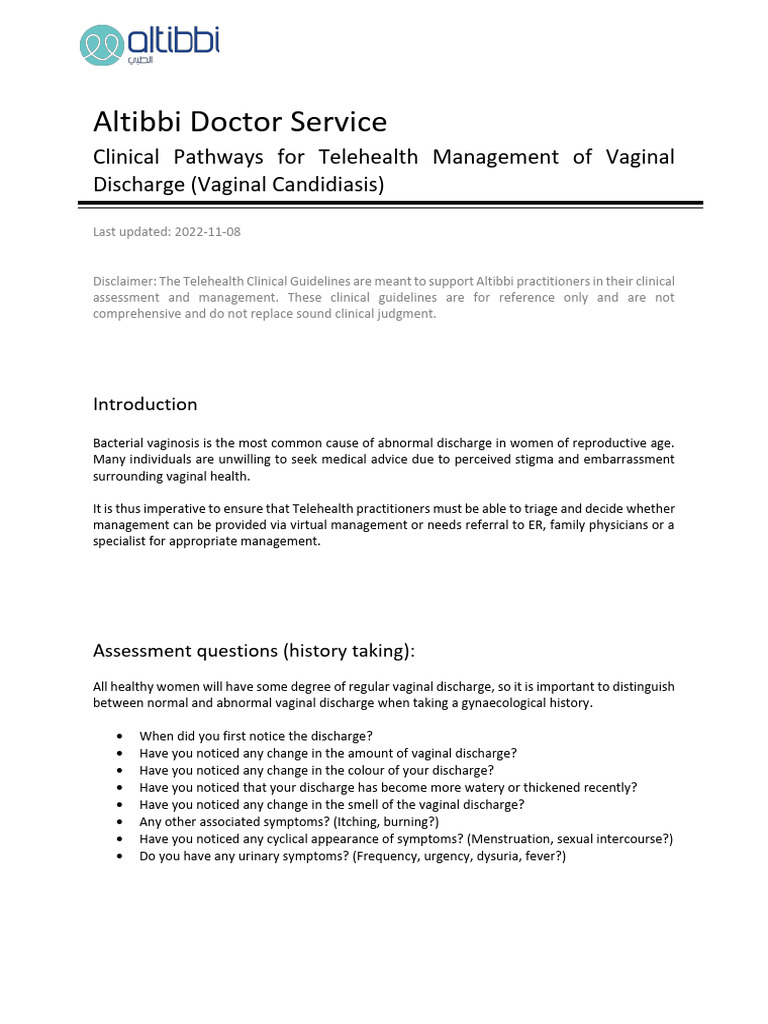 Clinical Pathways For Telehealth Management Of Vaginal Discharge | PDF | Candidiasis | Vagina