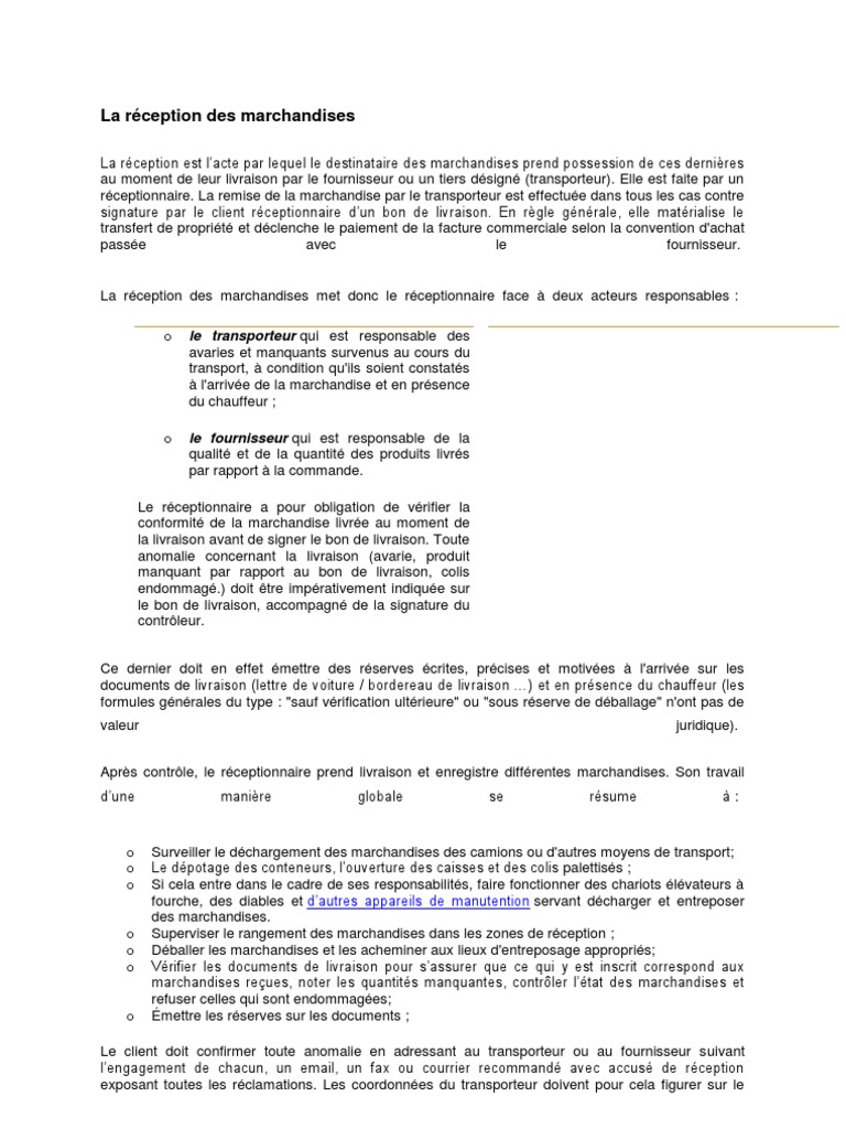 La réception des marchandises | Transport | Business