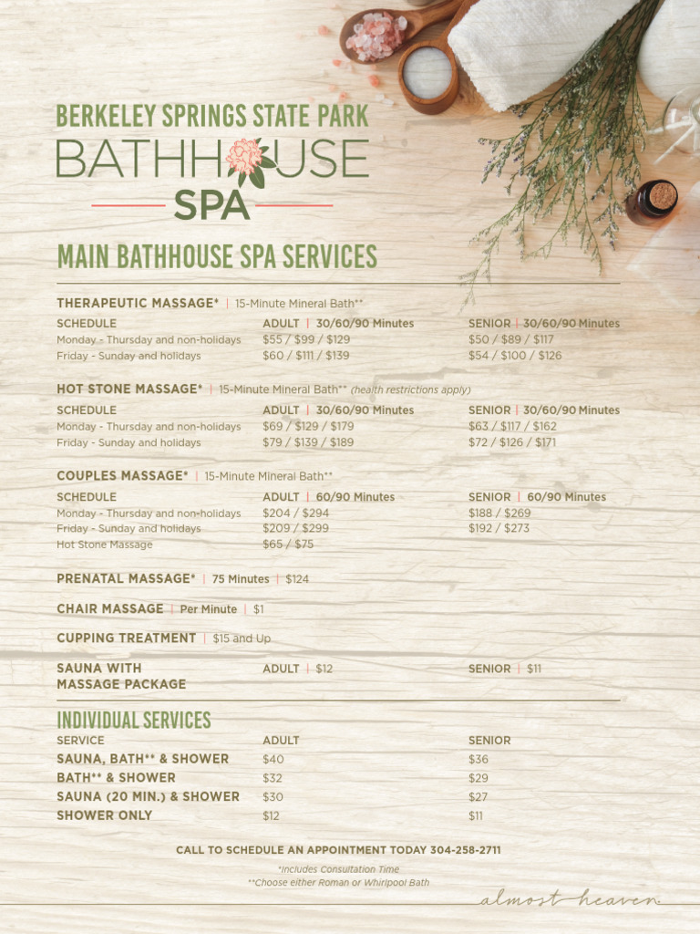 Berkeley Springs Spa Menu FINAL | PDF | Spa | Bathing