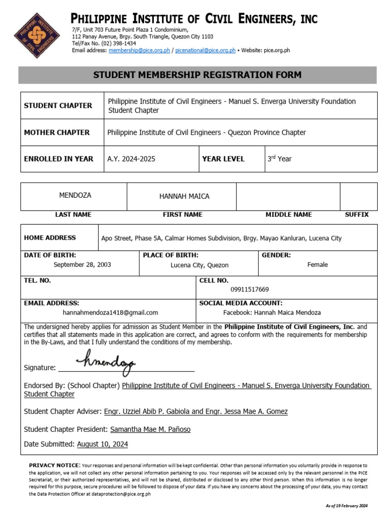 Mendoza Hannah Maica Student Membership Form 2024 | PDF