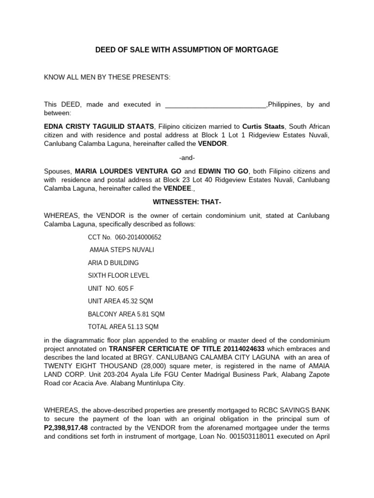 Deed of Sale With Assumption of Mortgage | PDF | Mortgage Law | Real Estate