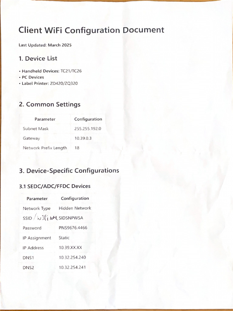 PNR Warehouse Wifi Config | PDF