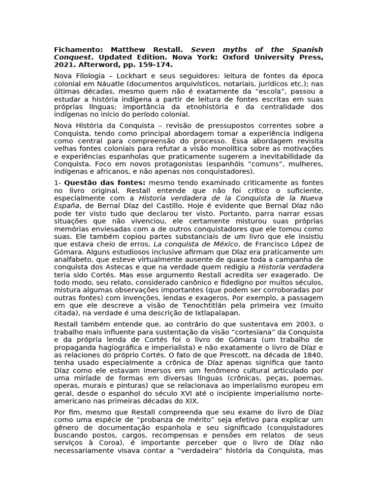 Fichamento - Matthew Restall - Afterword 2021 - Sete Mitos Da Conquista ...