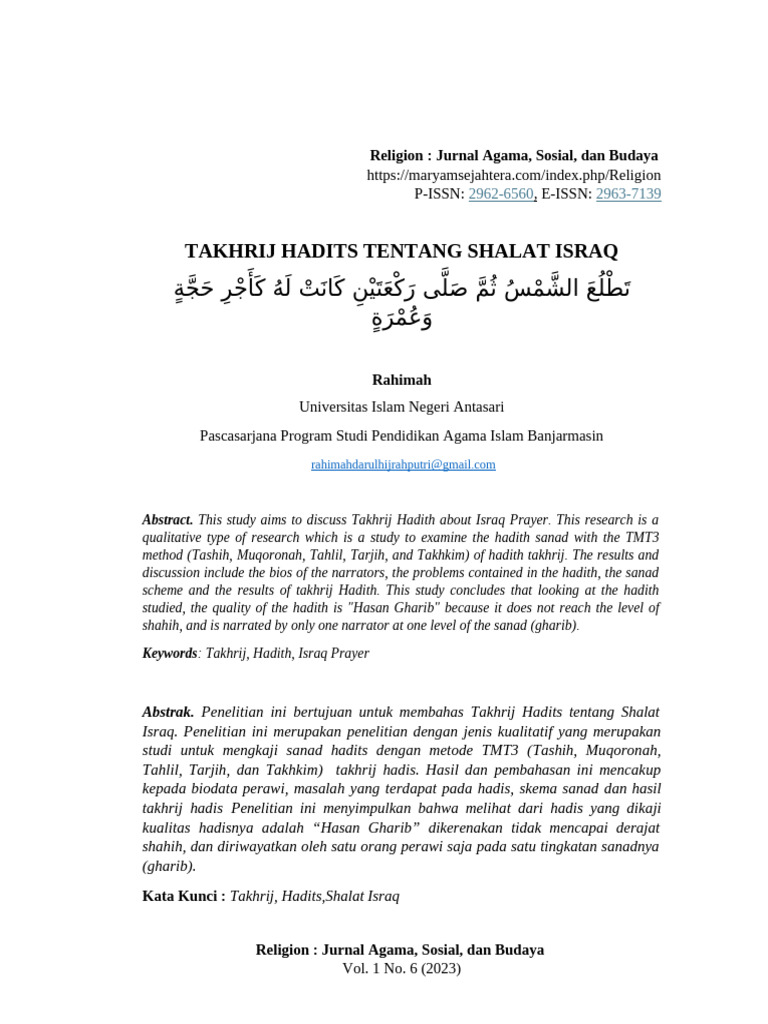 TAKHRIJ HADITS TENTANG SHALAT SUNAH ISRAQ Edit | PDF
