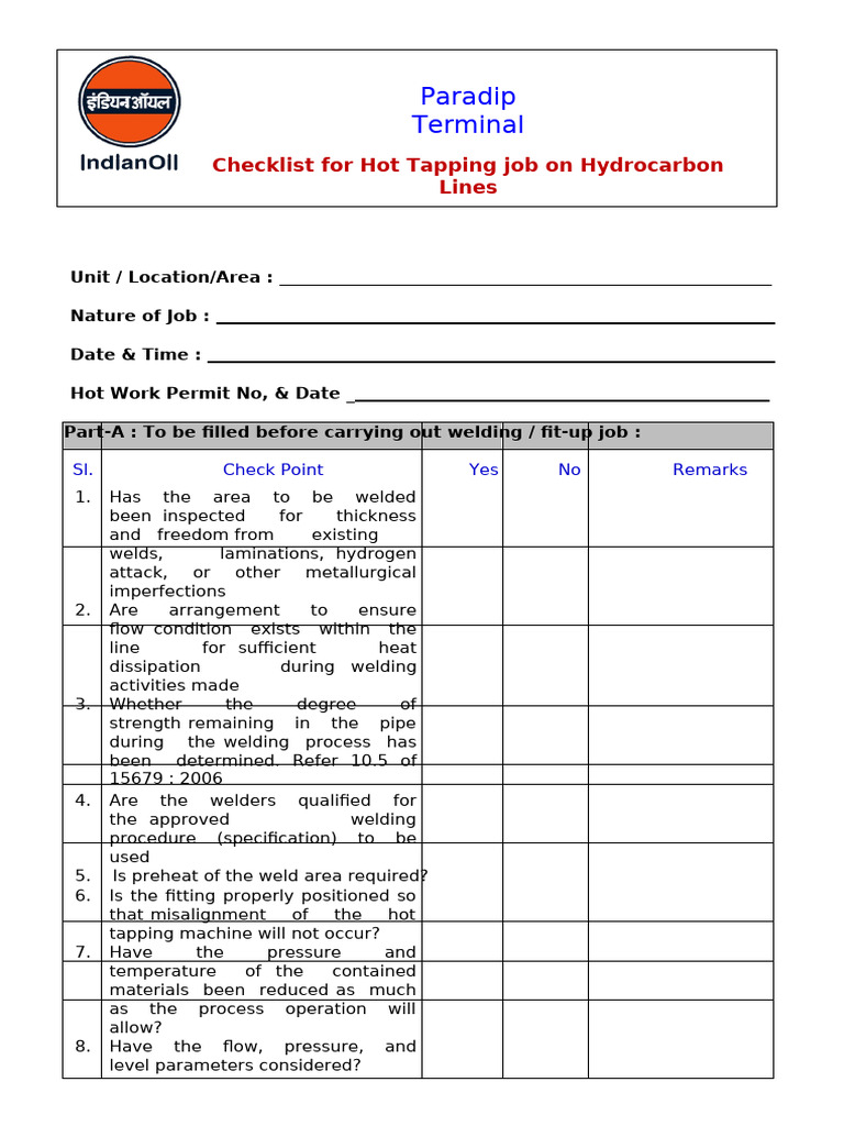 Hot Tapping Job Checklist | PDF | Welding | Construction