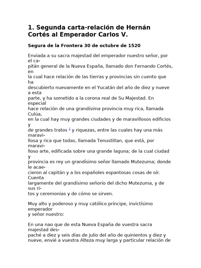 Segunda Carta-Relación de Hernán Cortés Al Emperador Carlos V (Cortés, 1520) | PDF | Nueva españa