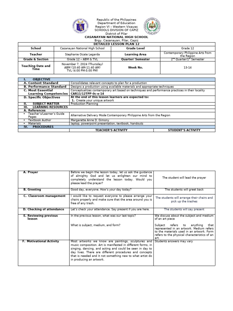 Grade 12 Lesson Plan: Art Production | PDF | Choreography | Teachers