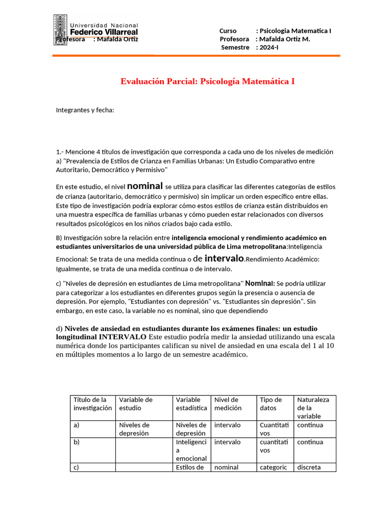Evaluac. Psicologia Matemática I | PDF | Estadísticas | Nivel de medida