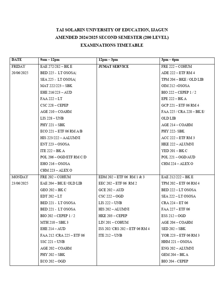 200 LEVEL 20242025 Second Semester Examination Timetable 22 4 2025 1 | PDF
