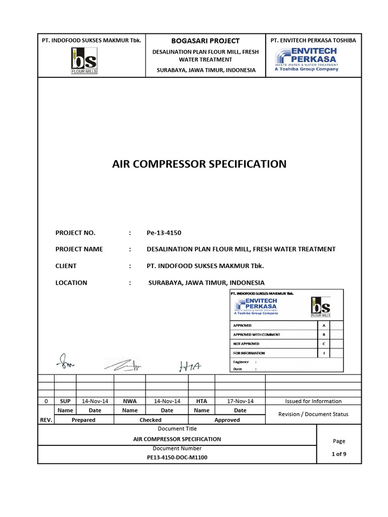 Pe13-4150-Doc-M1100 - Air Compressor Specification Rev. 0 | PDF | Mechanical Engineering