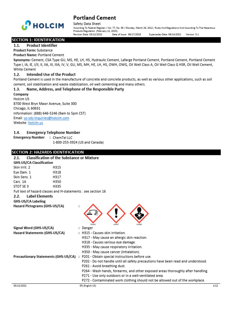 Portland Cement Safety Data Sheet | PDF | Silicon Dioxide | Firefighting