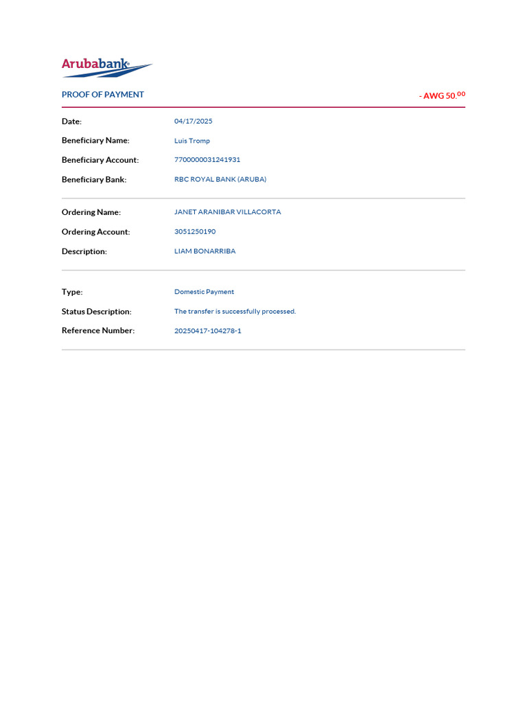 Proof of Payment: Date: Beneficiary Name: Beneficiary Account ...