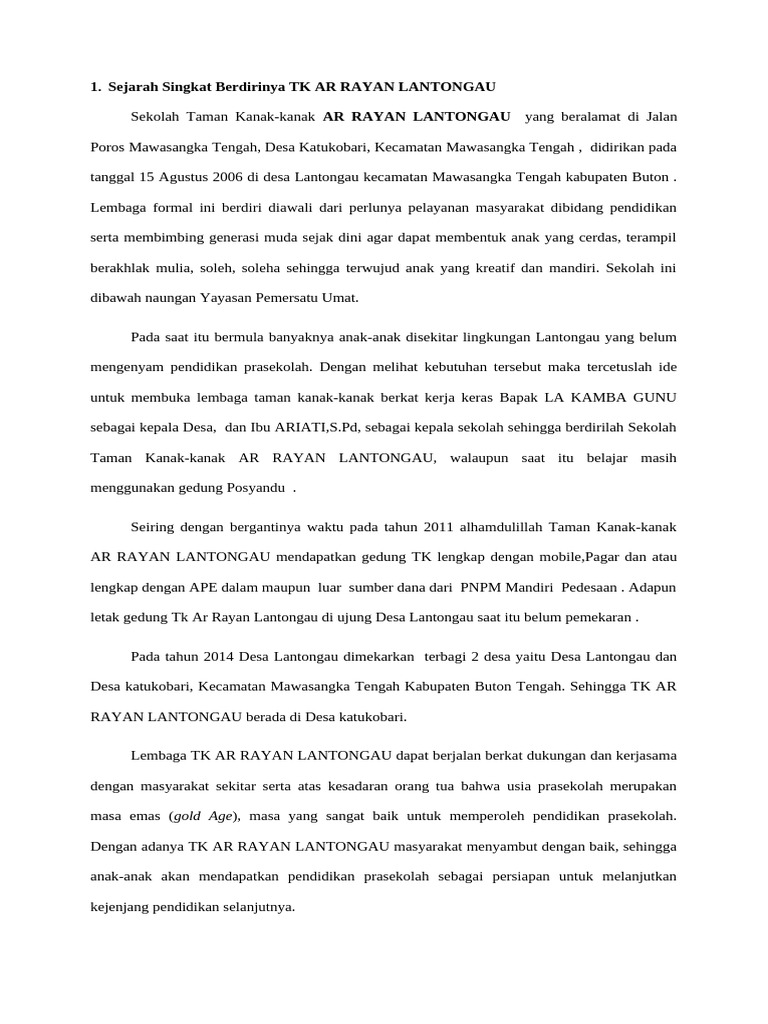 SEJARAH LENGKAP TK AR - RAYAN LANTONGAU Baru | PDF