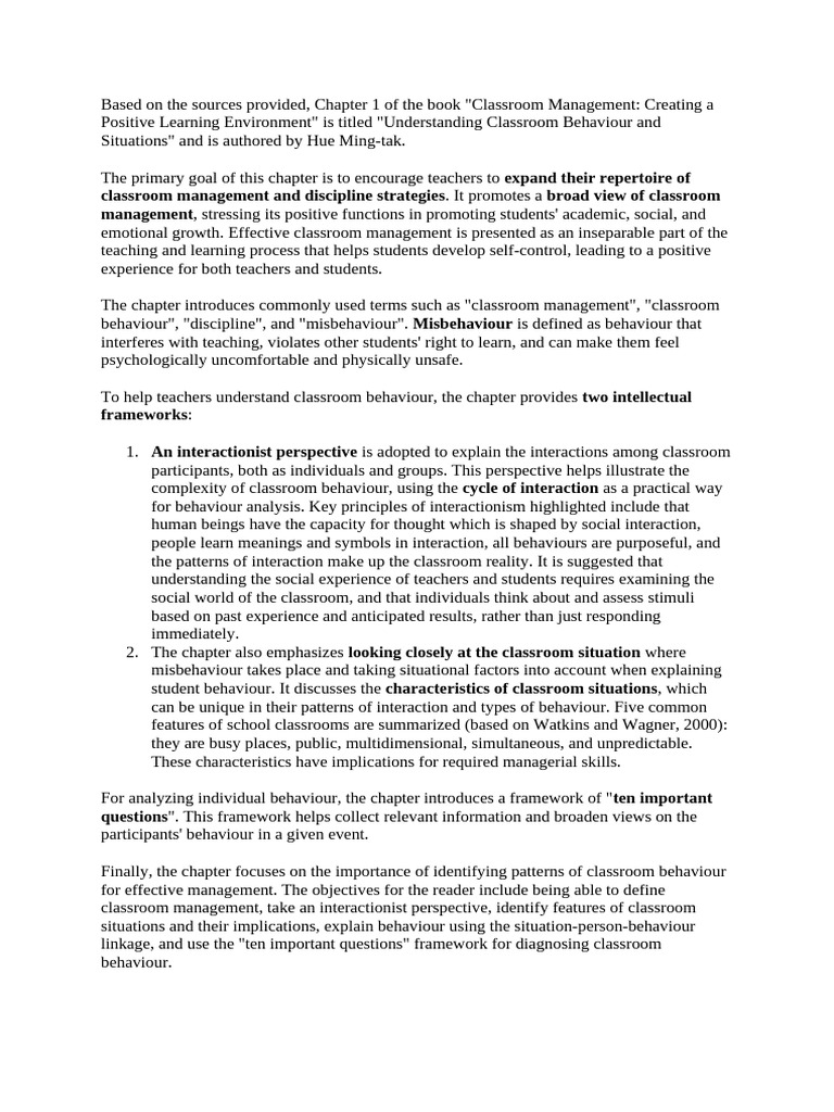 Notebooklm - Chapter 1 Summary | PDF | Classroom Management | Behavior