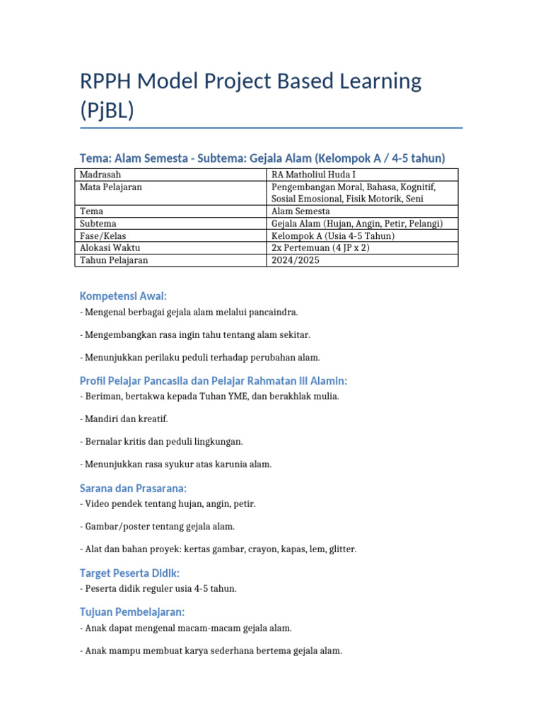 RPPH PJBL Tabel Gejala Alam | PDF